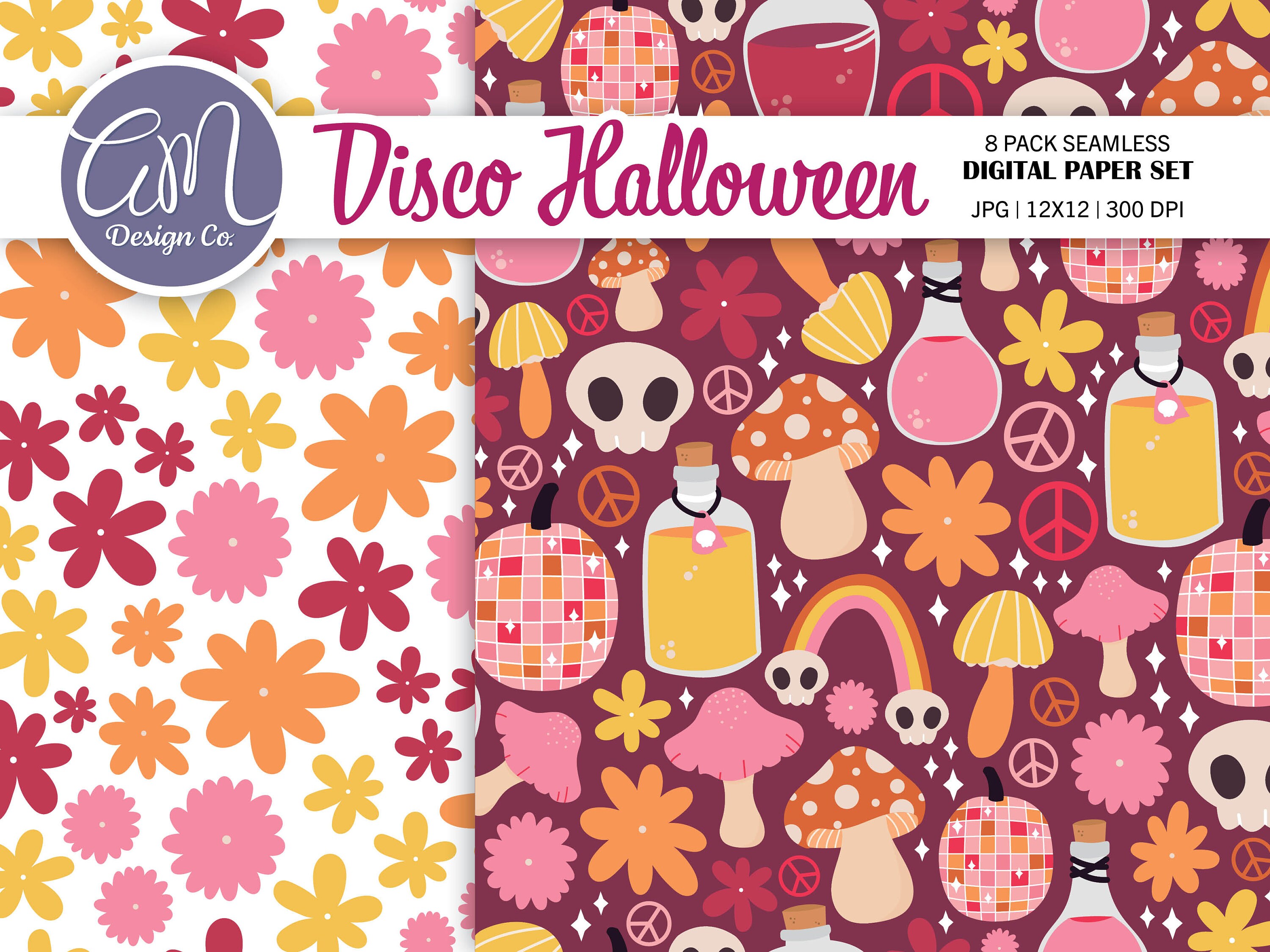 Disco Halloween Digital Paper and Clipart Set, Spooky and Groovy ...