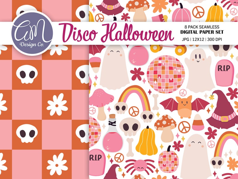 Disco Halloween Digital Paper and Clipart Set, Spooky and Groovy ...