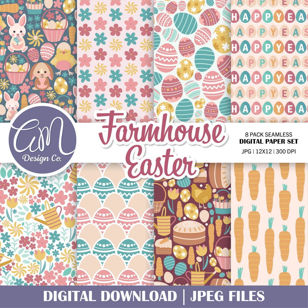 Farmhouse Easter Digital Paper, Spring Seamless Pattern, Cottage Core ...