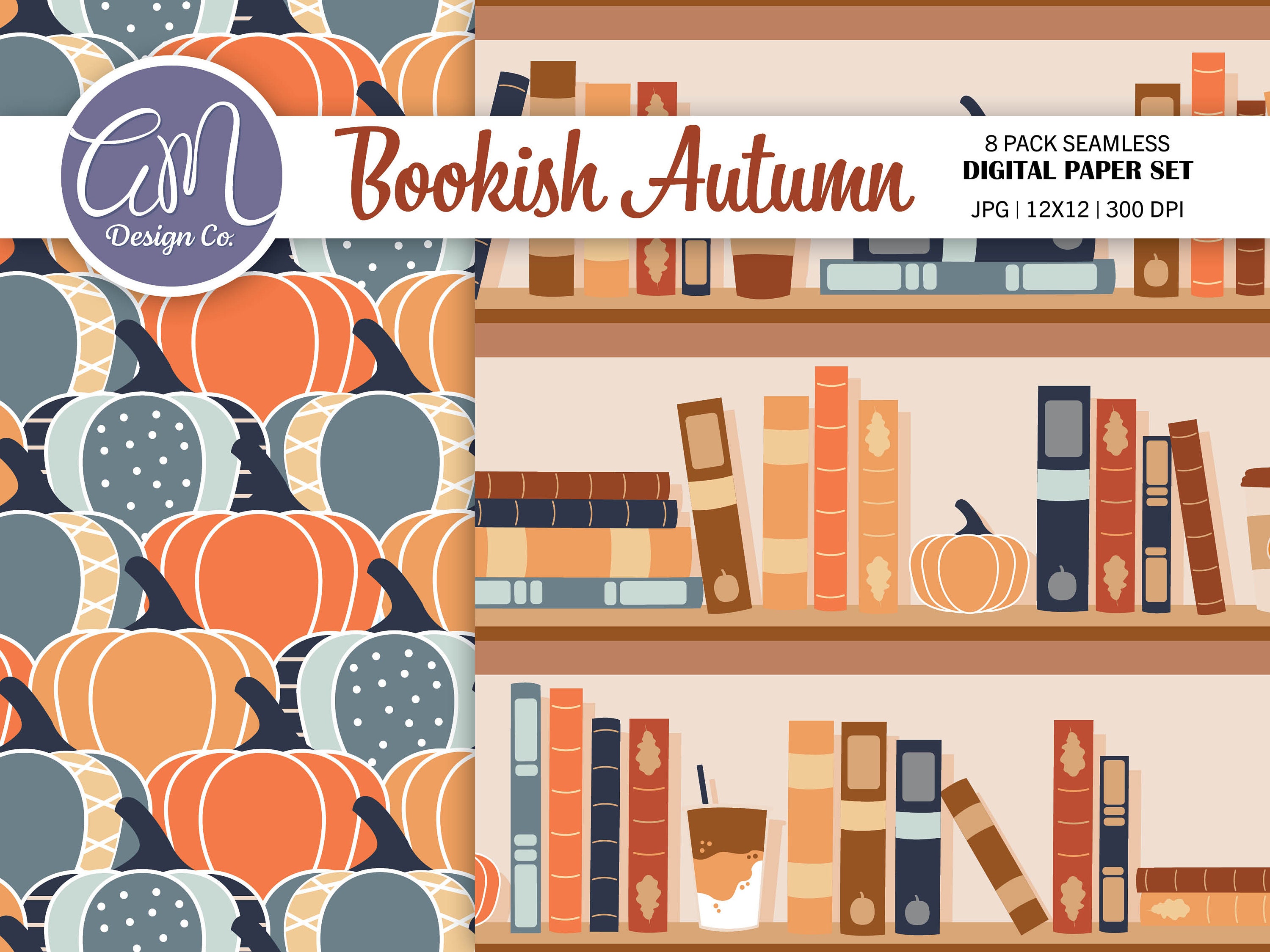 Bookish Light Academia Digital Paper, Fall Seamless Pattern, Book Lover ...