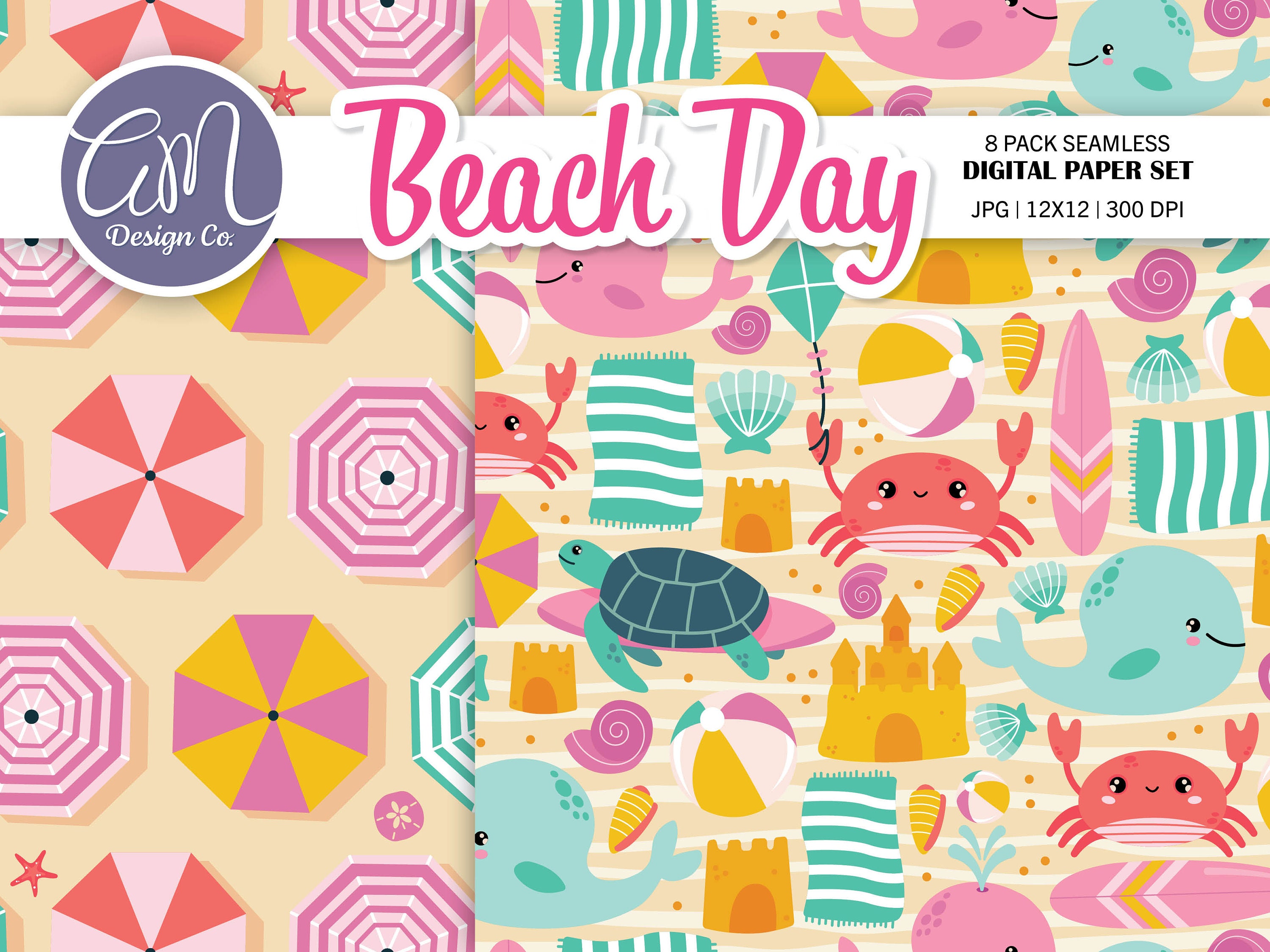 Beach Day Digital Paper, Vacation Seamless Pattern, Travel Scrapbook ...