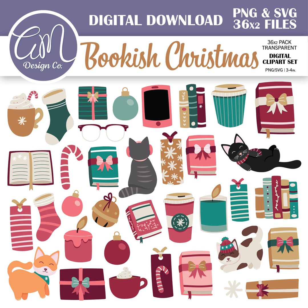 Bookish Christmas Clipart Bundle, Holiday Clipart for Christmas Cards ...