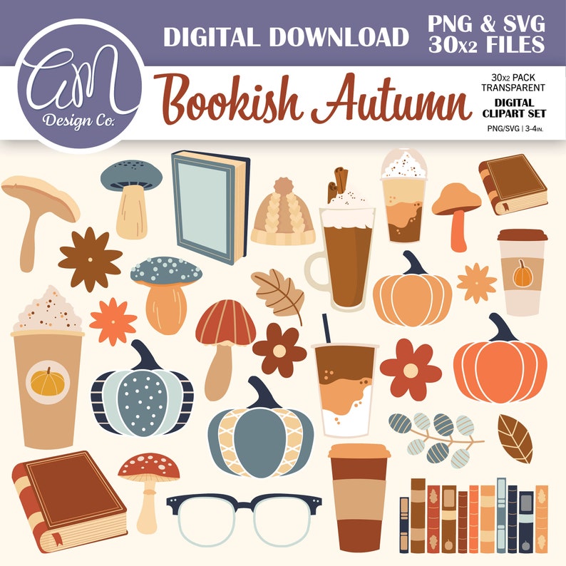Bookish Light Academia Clipart Set, Fall Autumn Clipart, Digital ...