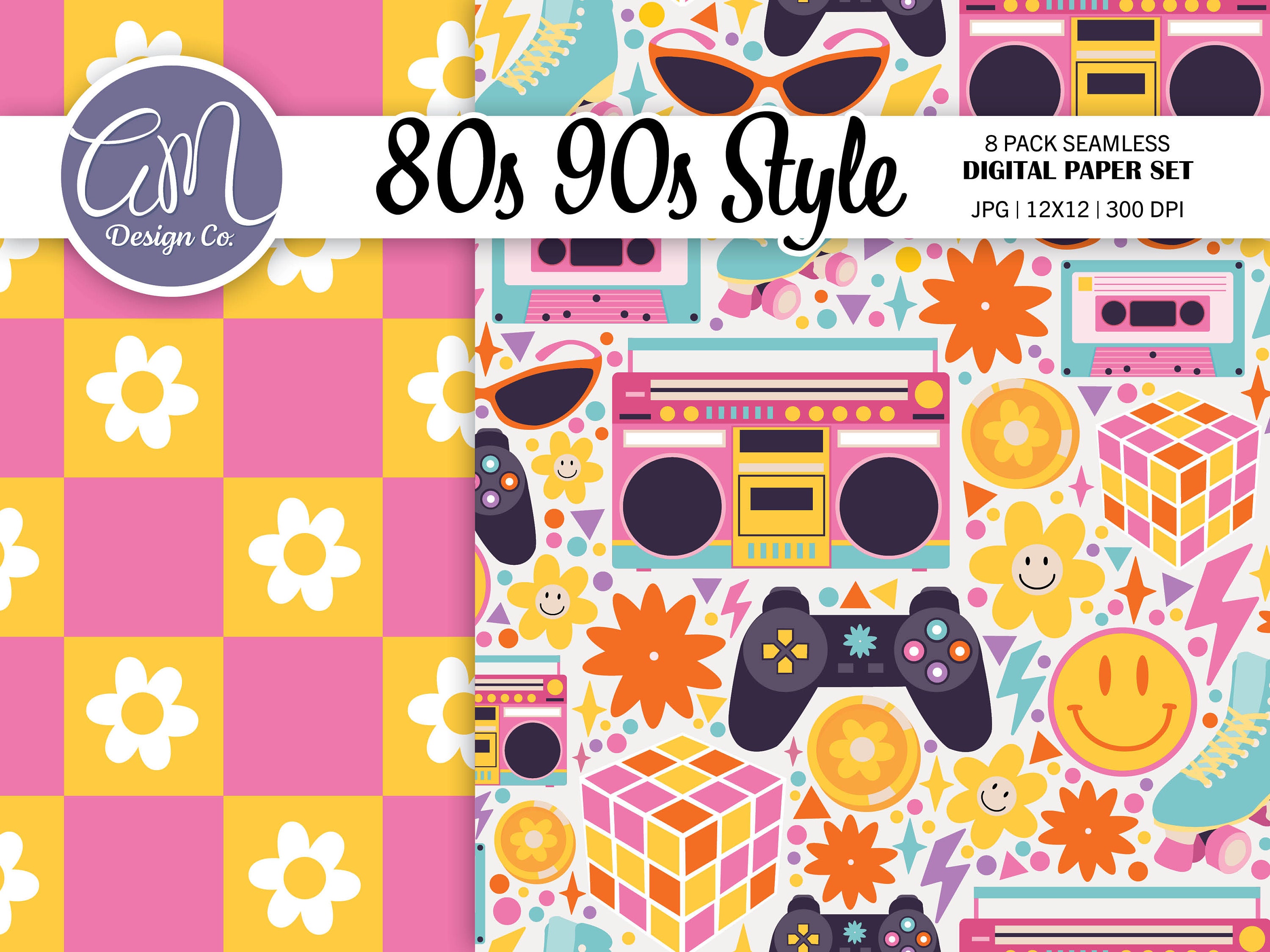 80s 90s Digital Paper, Y2K Aesthetic Seamless Pattern, 90s Party ...