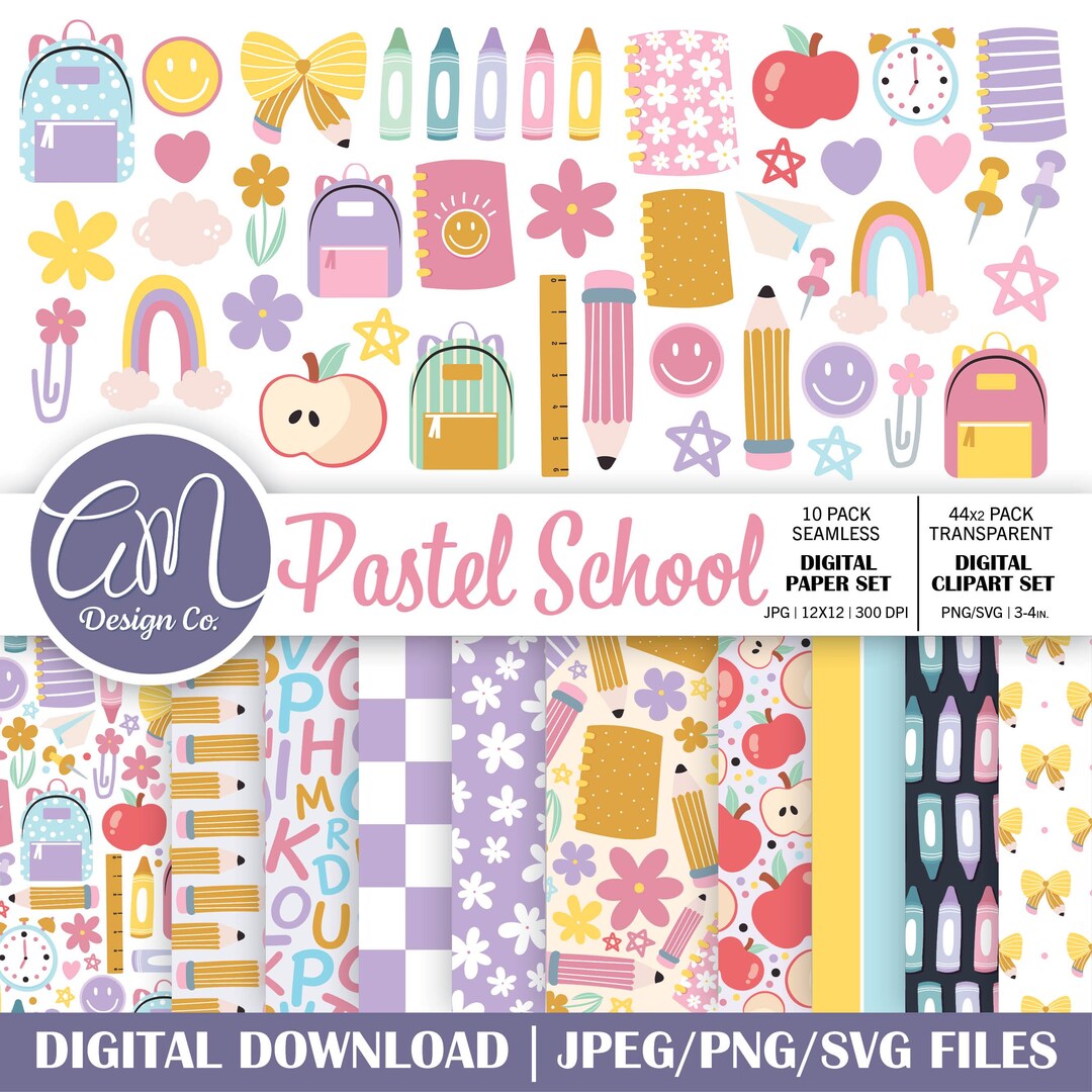 Pastel Back to School Seamless Pattern and Clipart Set, Cutecore ...