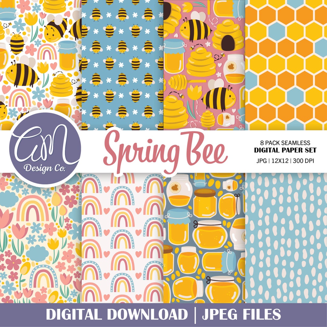 Honey Bee Digital Paper, Spring Seamless Pattern, Bumble Bee Scrapbook ...