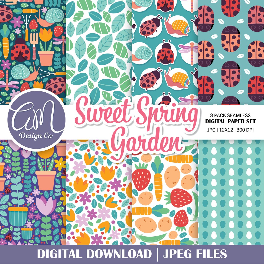 Spring Garden Digital Paper, Insects Seamless Pattern, Beetle Lady Bug ...