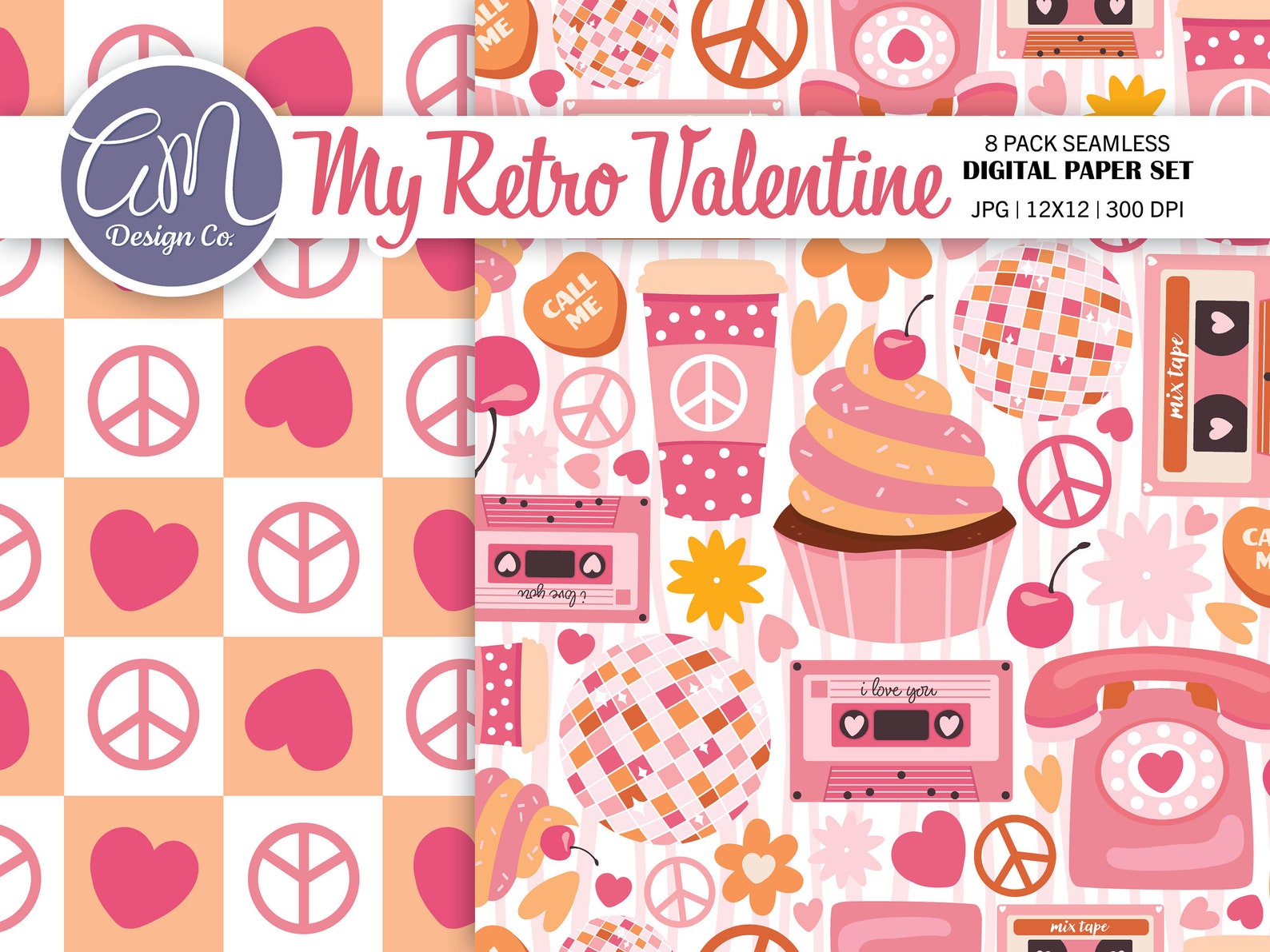 Retro Valentine Digital Paper and Clipart Bundle, Hippie Daisy Seamless ...
