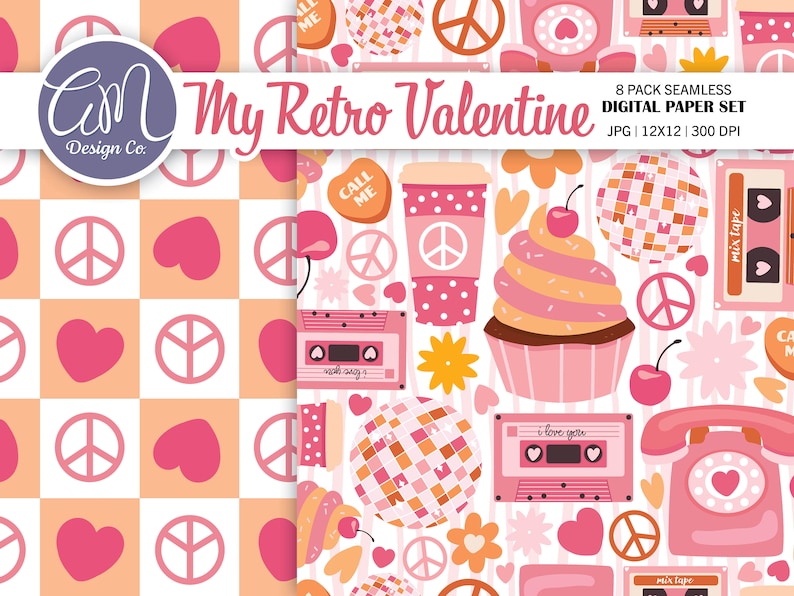 Retro Valentine Digital Paper and Clipart Bundle, Hippie Daisy Seamless ...