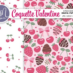 Coquette Valentine Digital Paper and Clipart Set, Strawberry Cherry ...