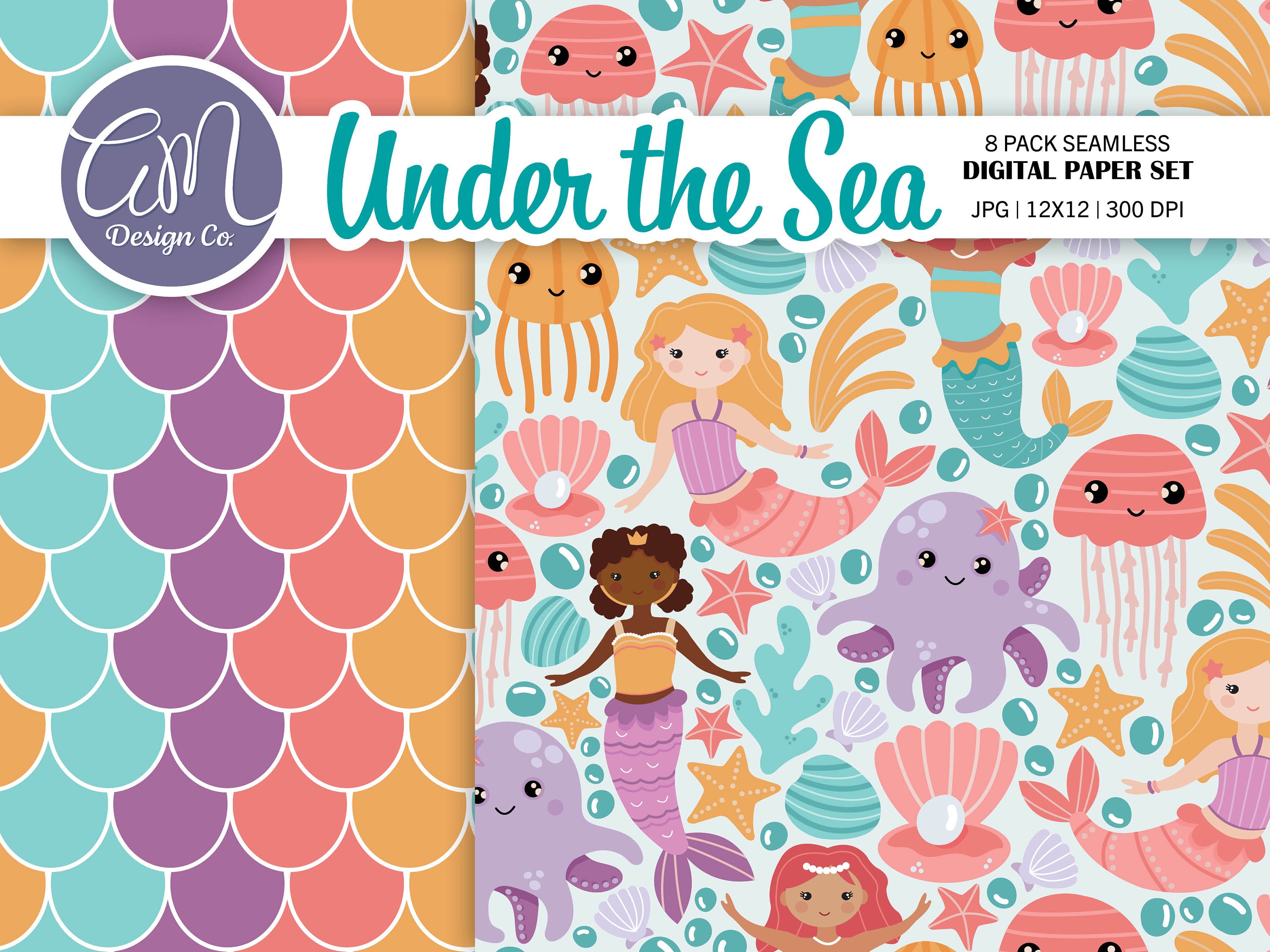 Under the Sea Digital Paper and Clipart Set, Mermaid Seamless Pattern ...