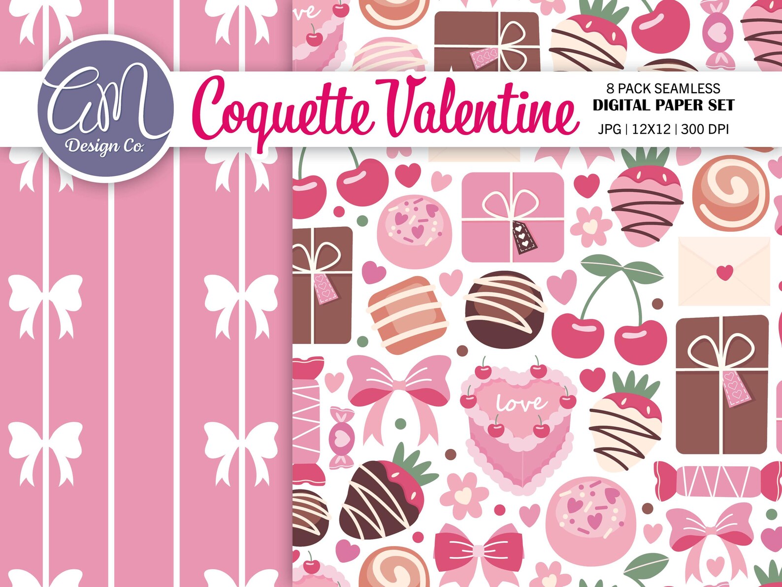 Coquette Valentine Digital Paper and Clipart Set, Strawberry Cherry ...