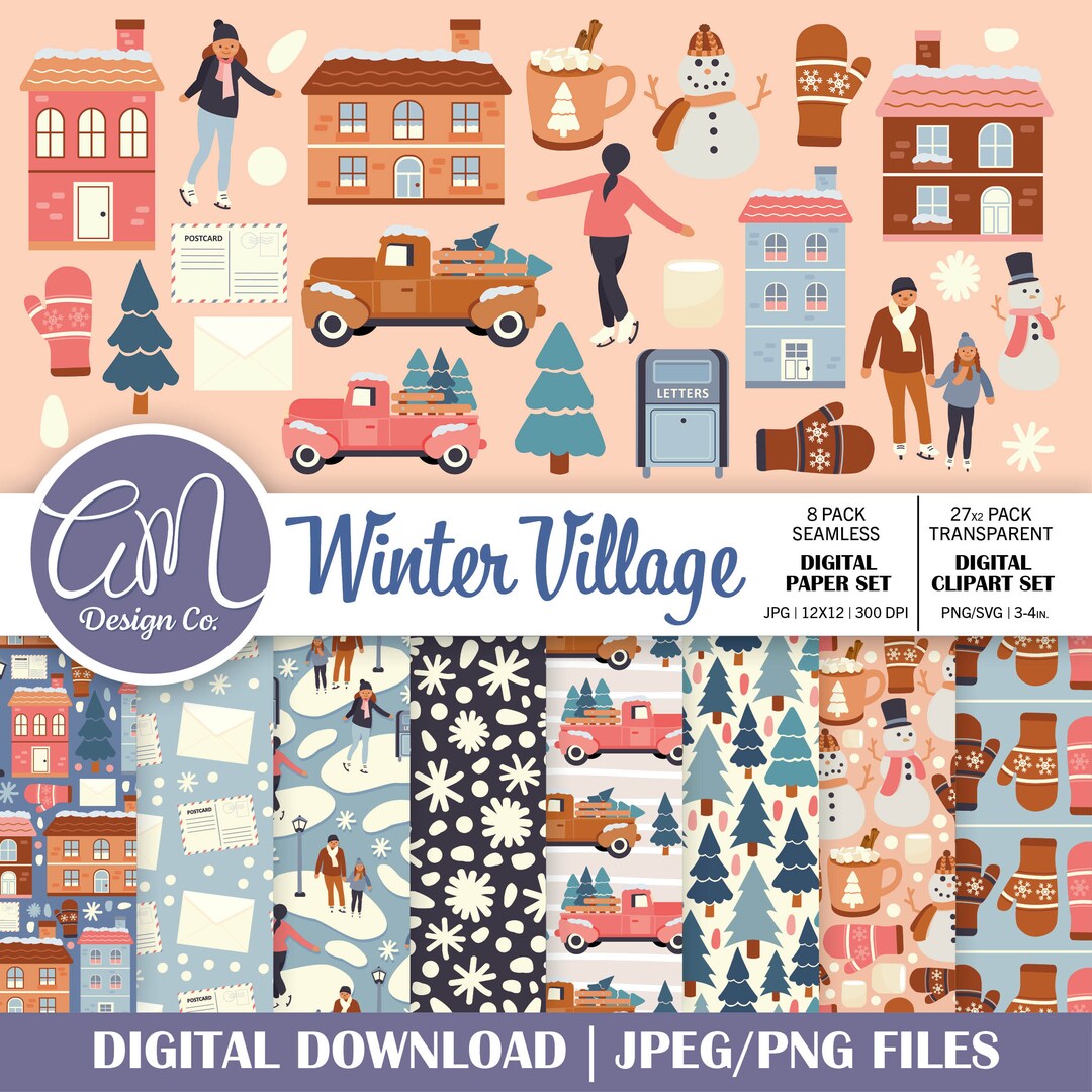Winter Village Digital Paper and Clipart, Christmas Town Seamless ...