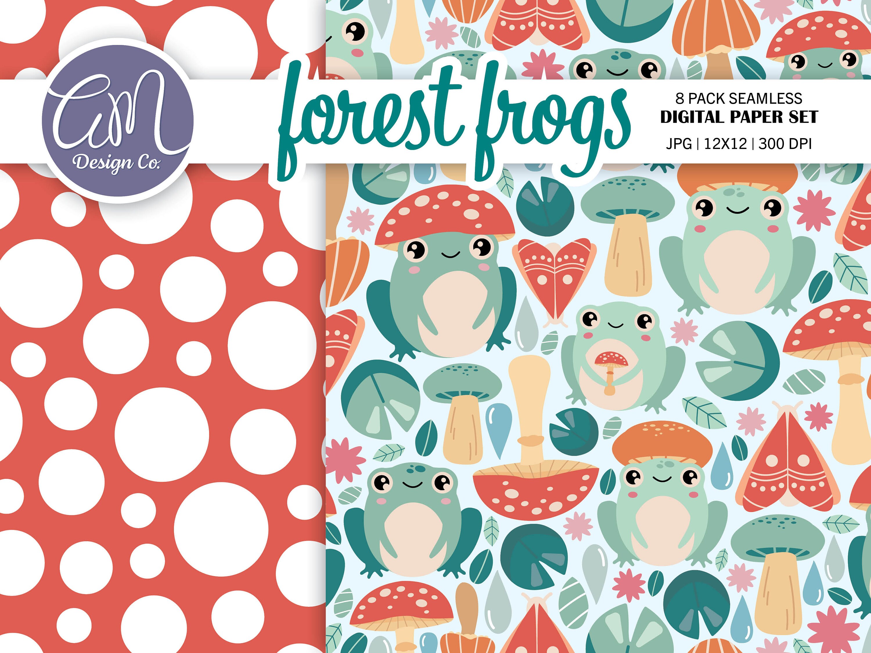 Spring Cute Frog Digital Paper, Mushroom Seamless Pattern, Cottage Core ...