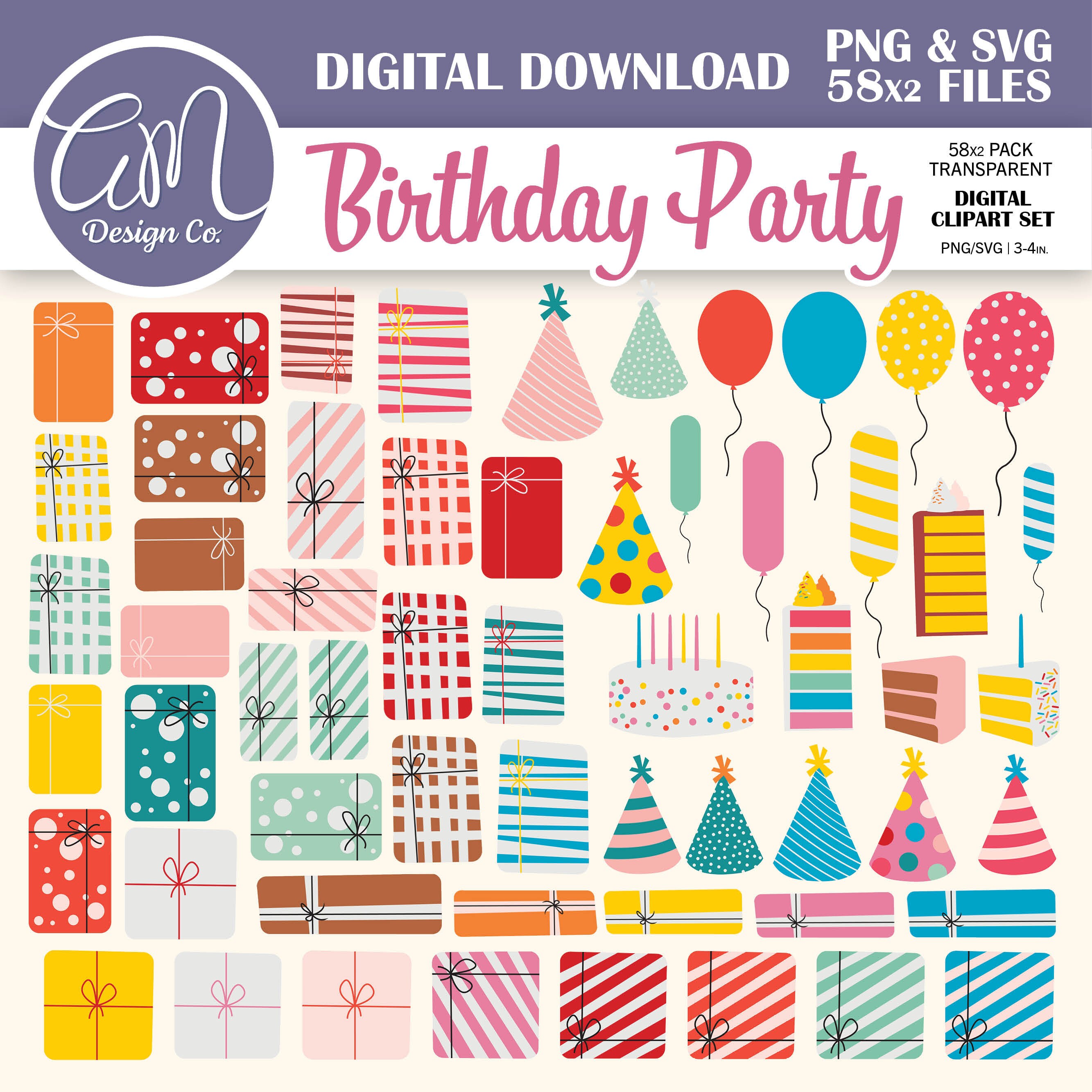 Birthday Party Clipart Bundle, Celebration Clipart for Invitations and ...