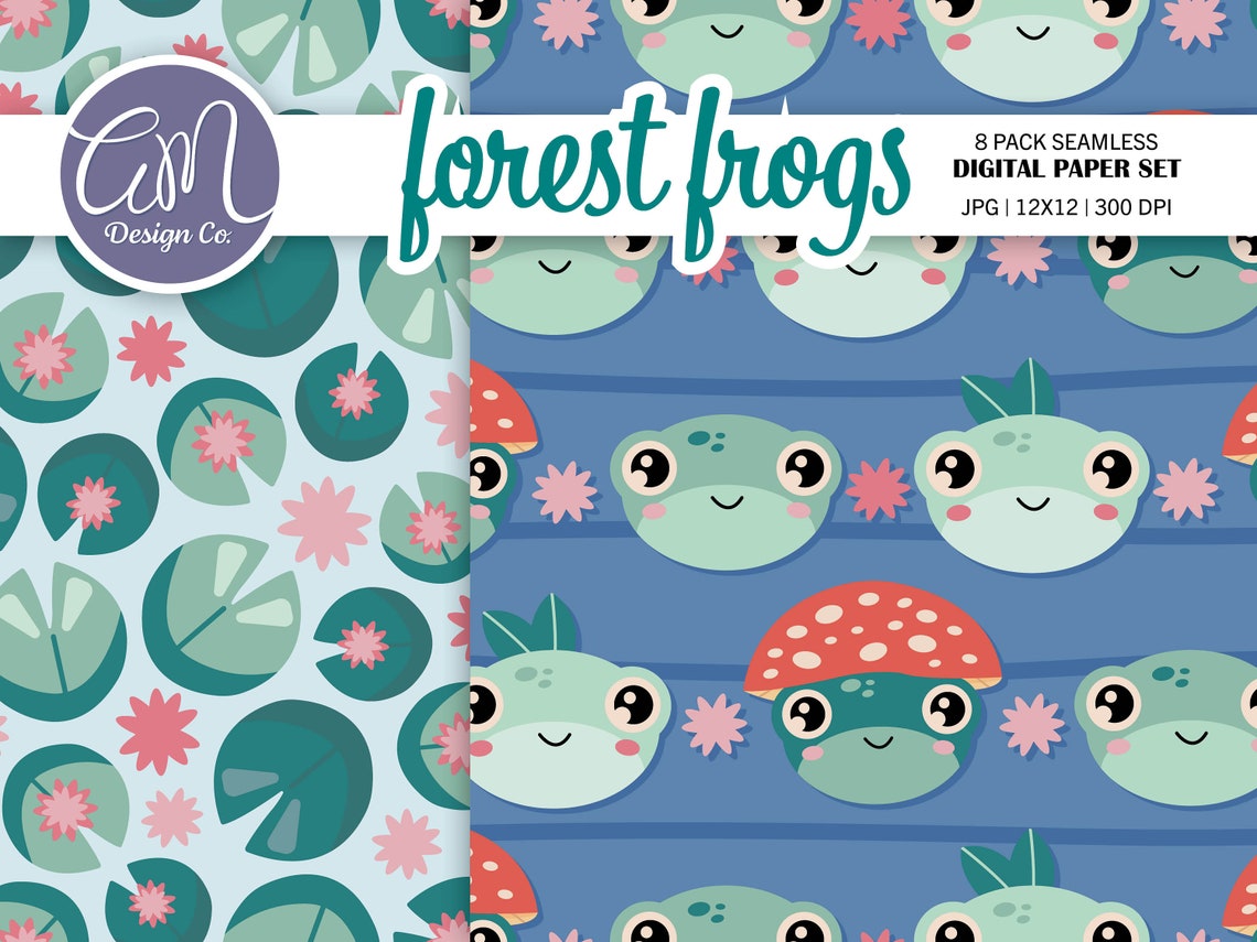 Spring Cute Frog Digital Paper, Mushroom Seamless Pattern, Cottage Core ...