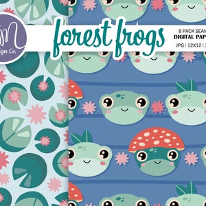 Spring Cute Frog Digital Paper, Mushroom Seamless Pattern, Cottage Core ...