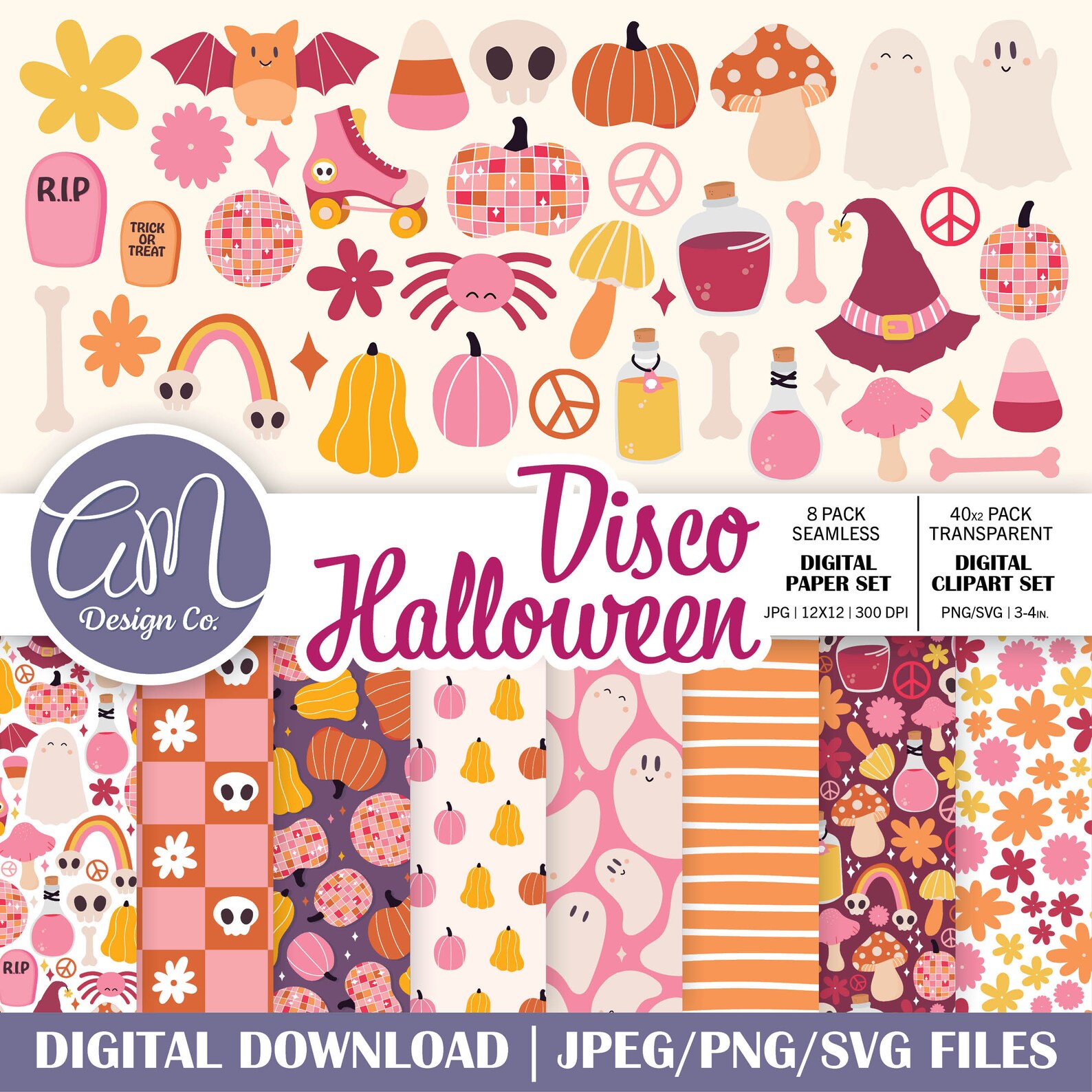 Disco Halloween Digital Paper and Clipart Set, Spooky and Groovy ...