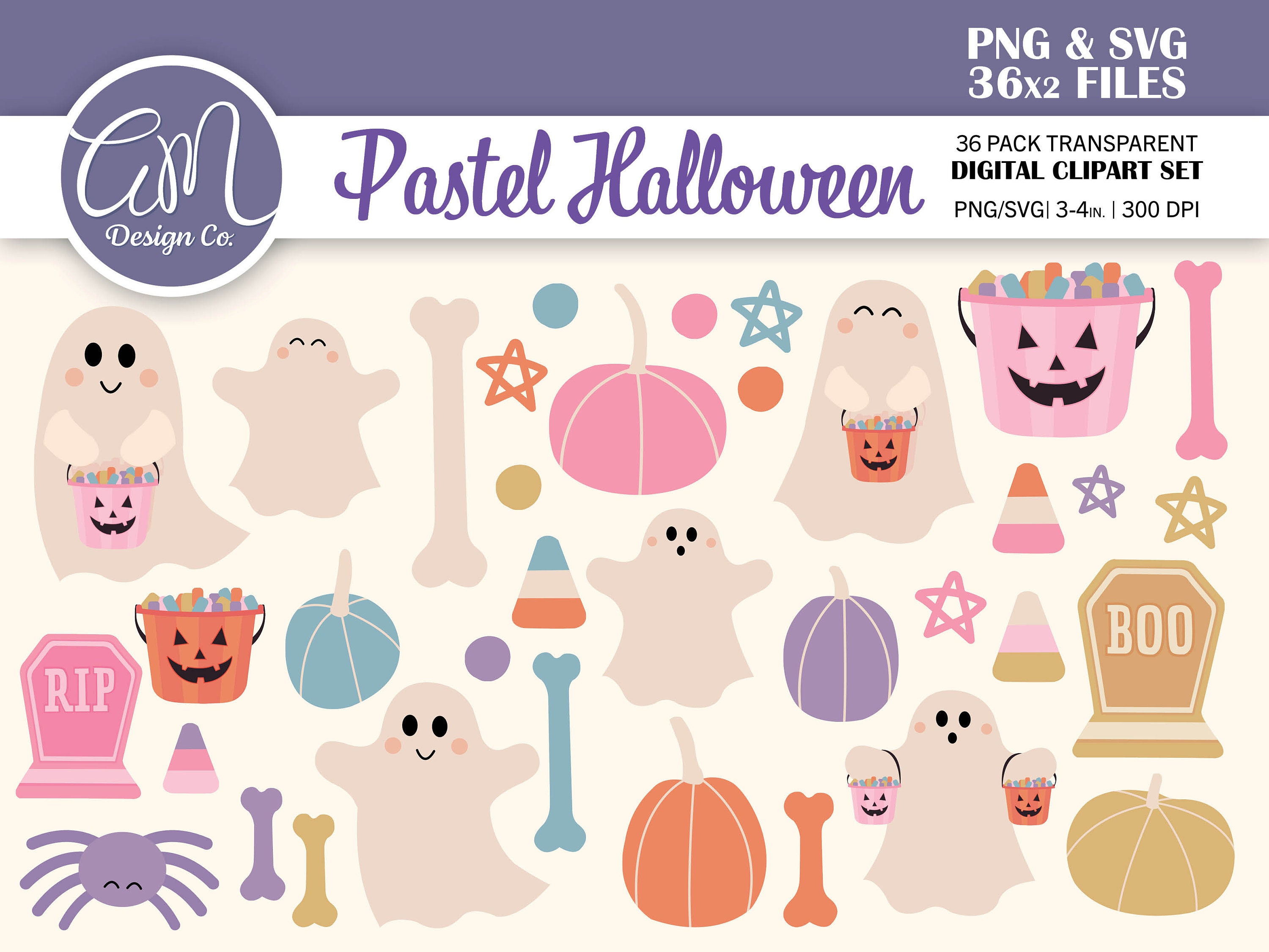 Cute Halloween Digital Paper, Pastel Halloween Clipart Set, Ghost ...