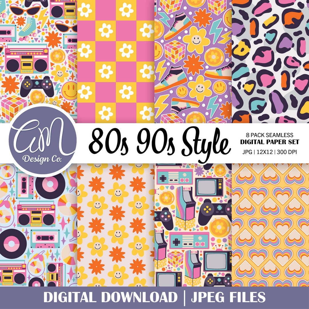 80s 90s Digital Paper, Y2K Aesthetic Seamless Pattern, 90s Party ...