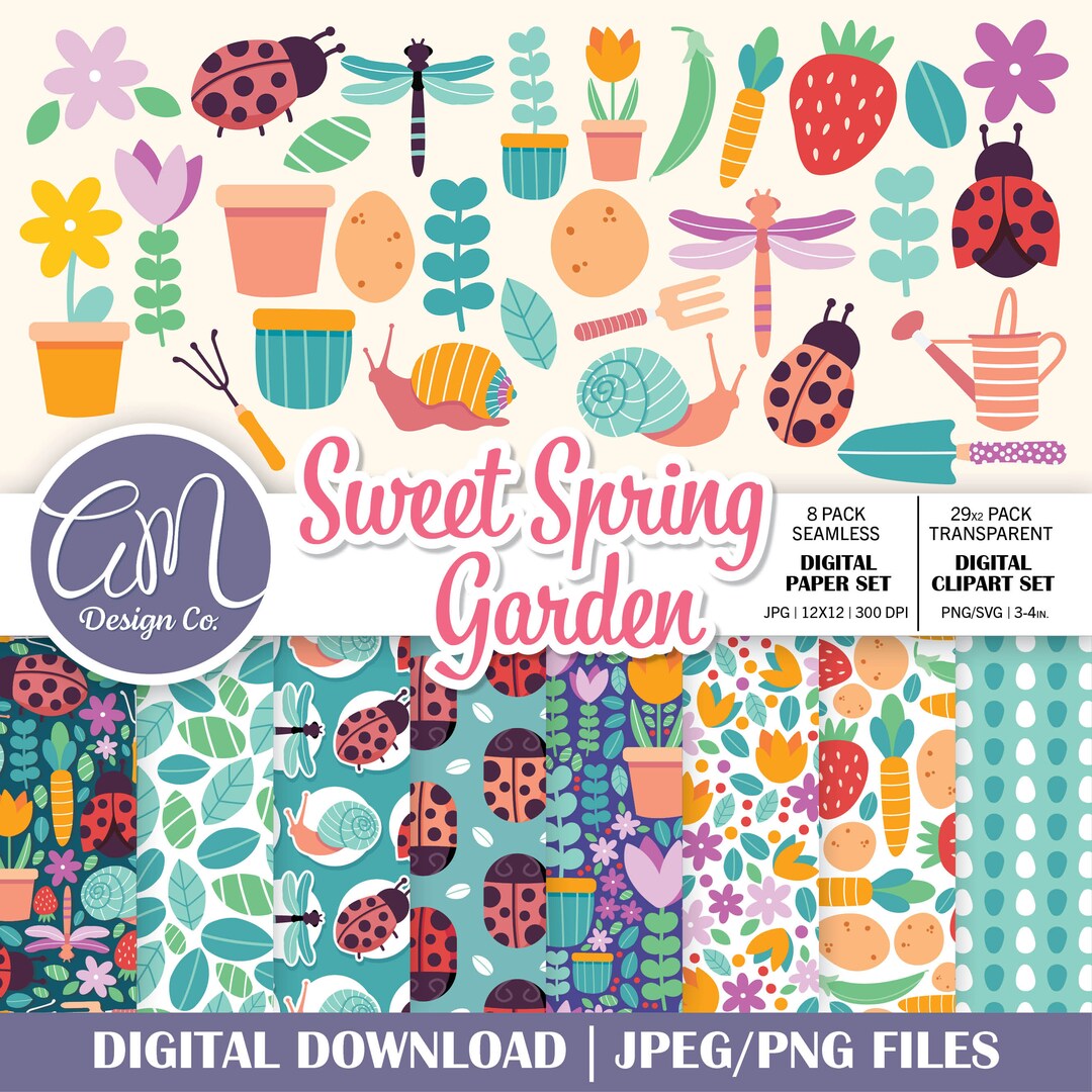 Spring Garden Digital Paper and Clipart Set, Insects Seamless Pattern ...