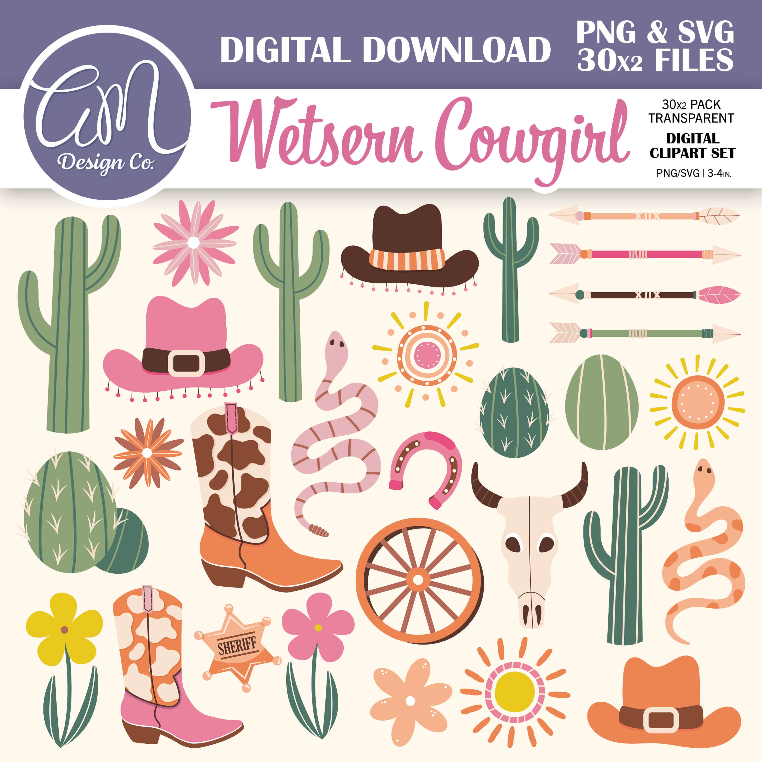 Western Cowgirl Clipart Bundle, Boho Desert Design for Party Invitation ...