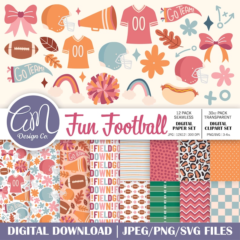 Football Girl Digital Paper and Clipart Set, Cheer or Sports Seamless ...