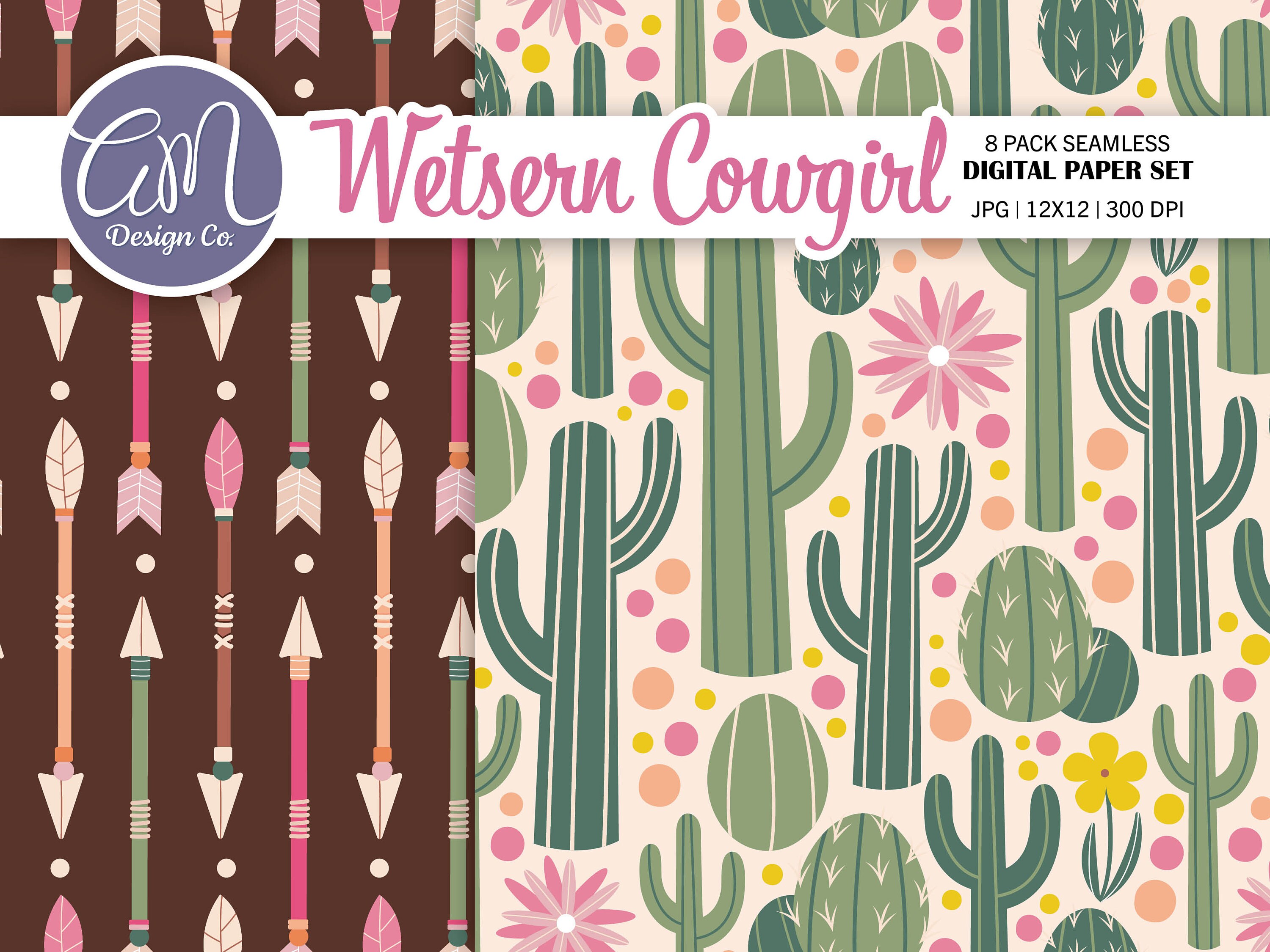 Western Cowgirl Digital Paper, Boho Country Seamless Pattern, Cactus ...