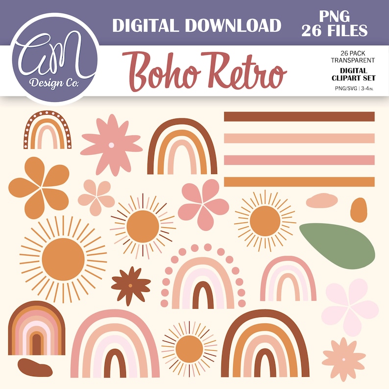 Boho Retro Clipart Set, Boho Clipart, Digital Stickers, Commercial Use ...
