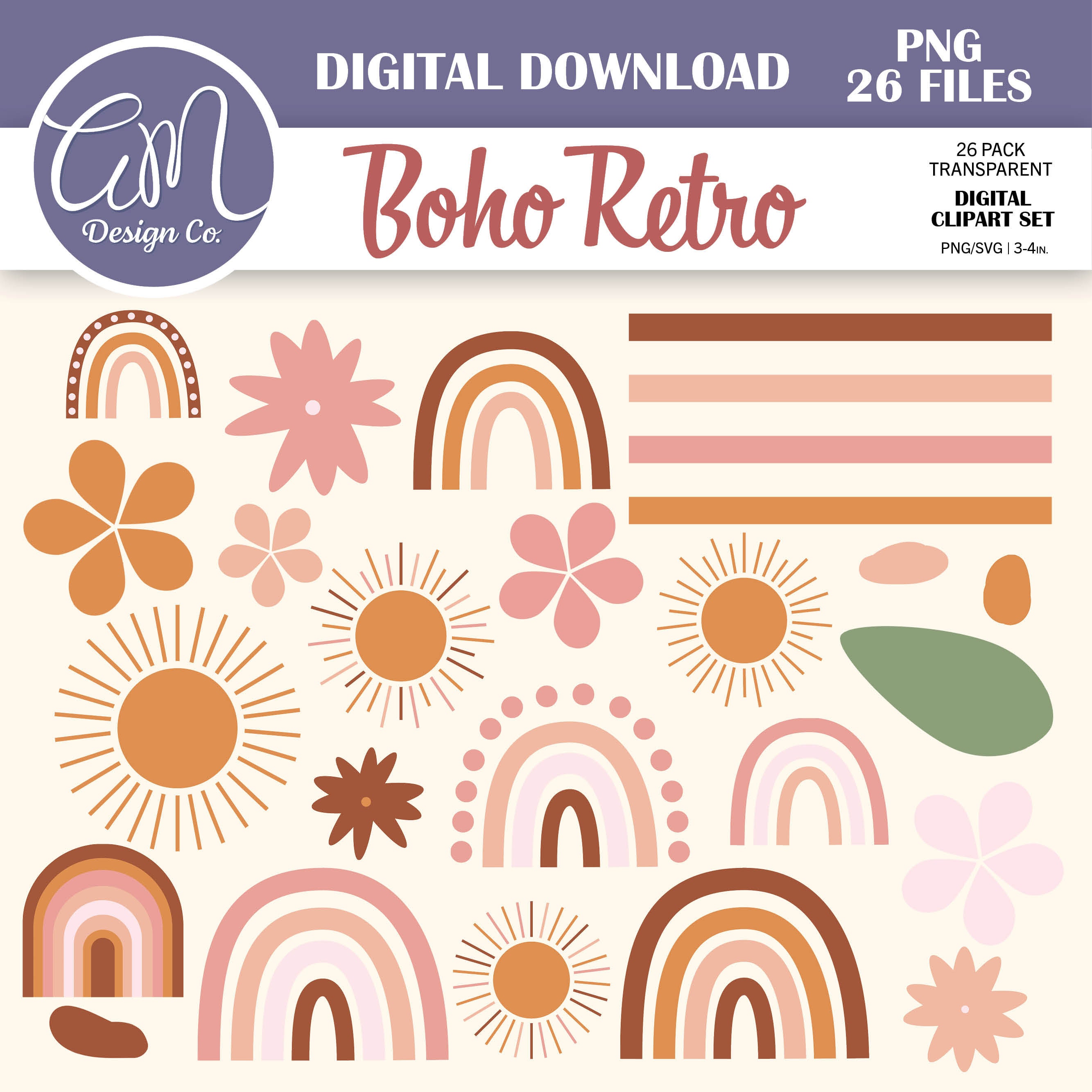 Boho Retro Clipart Set, Boho Clipart, Digital Stickers, Commercial Use ...
