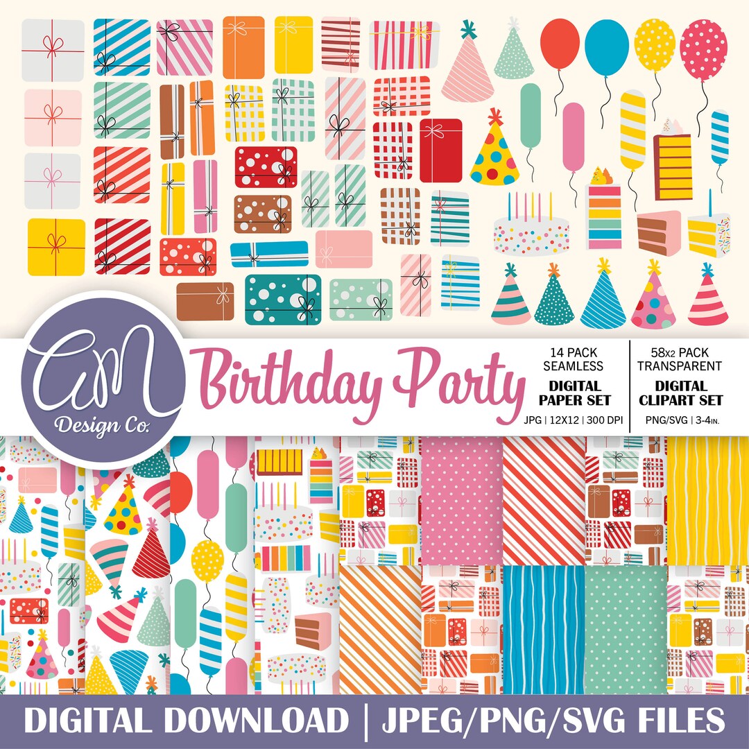 Birthday Party Digital Paper and Clipart Set, Celebration Seamless ...