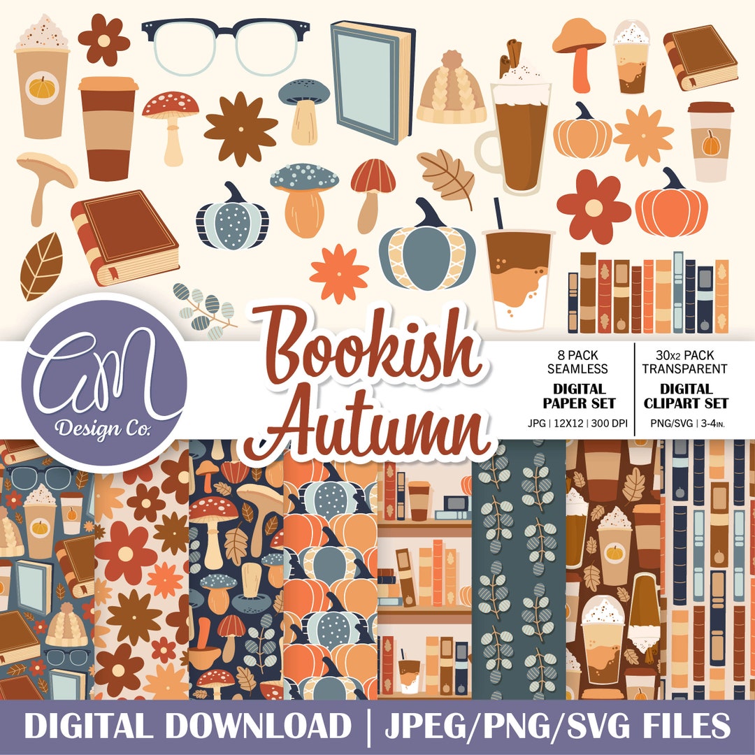 Bookish Light Academia Digital Paper and Clipart Set, Fall Seamless ...
