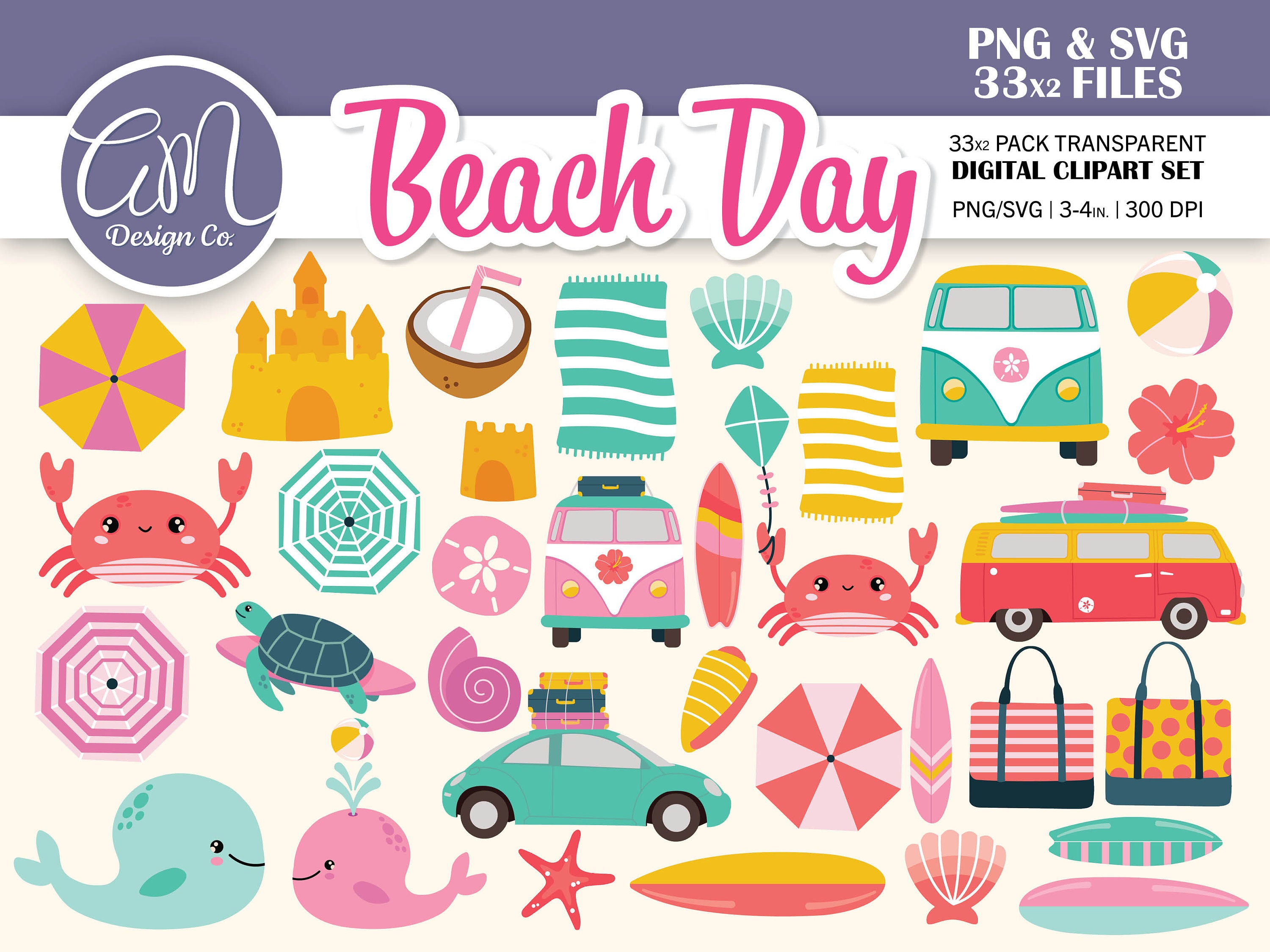 Beach Vacation Digital Paper and Clipart Set, Travel Seamless Pattern ...