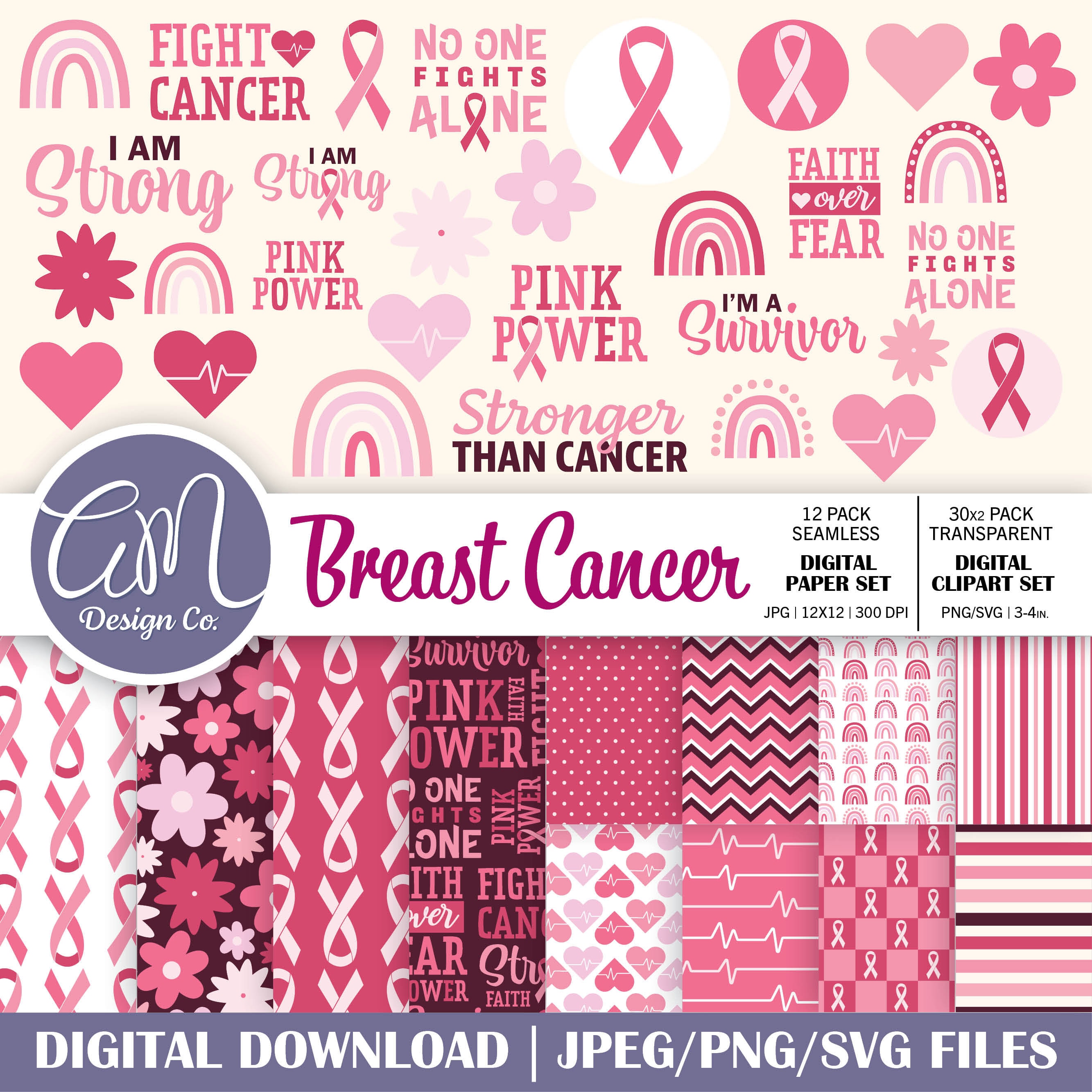 Breast Cancer Awareness Digital Paper and Clipart Set, Pink Cancer ...