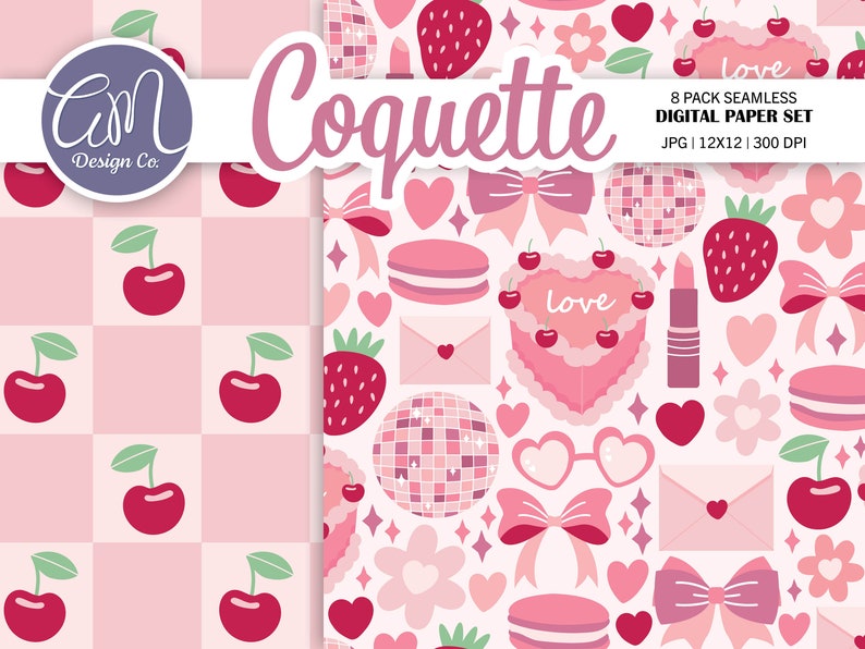 Coquette Digital Paper and Clipart Set, Bow Print Seamless Pattern ...