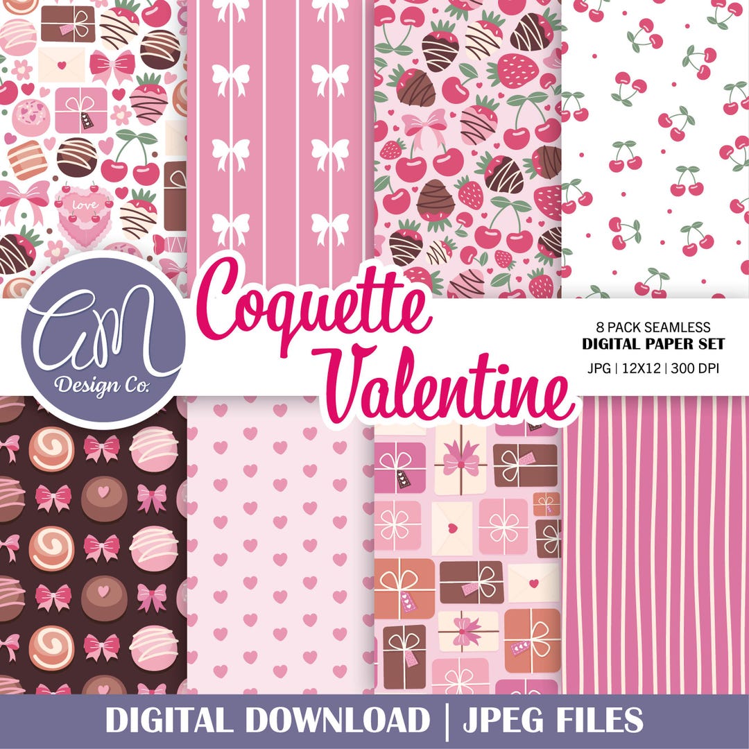 Coquette Valentine Digital Paper, Cherry and Strawberry Seamless ...