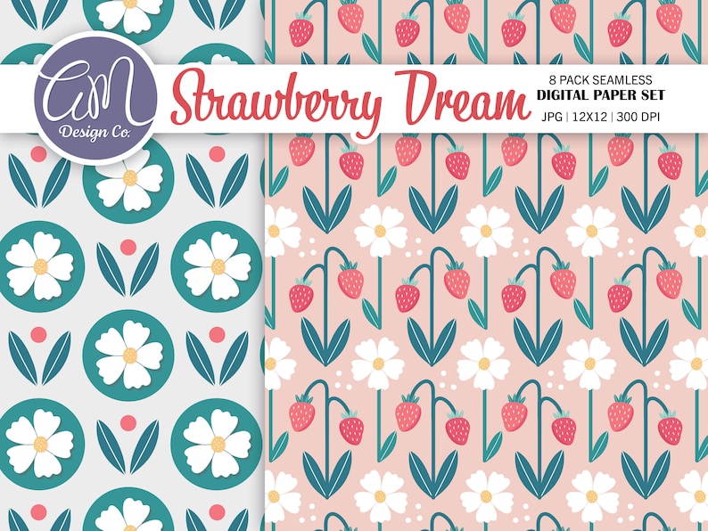 Strawberry Garden Digital Paper and Clipart Set, Cottagecore Fruit ...