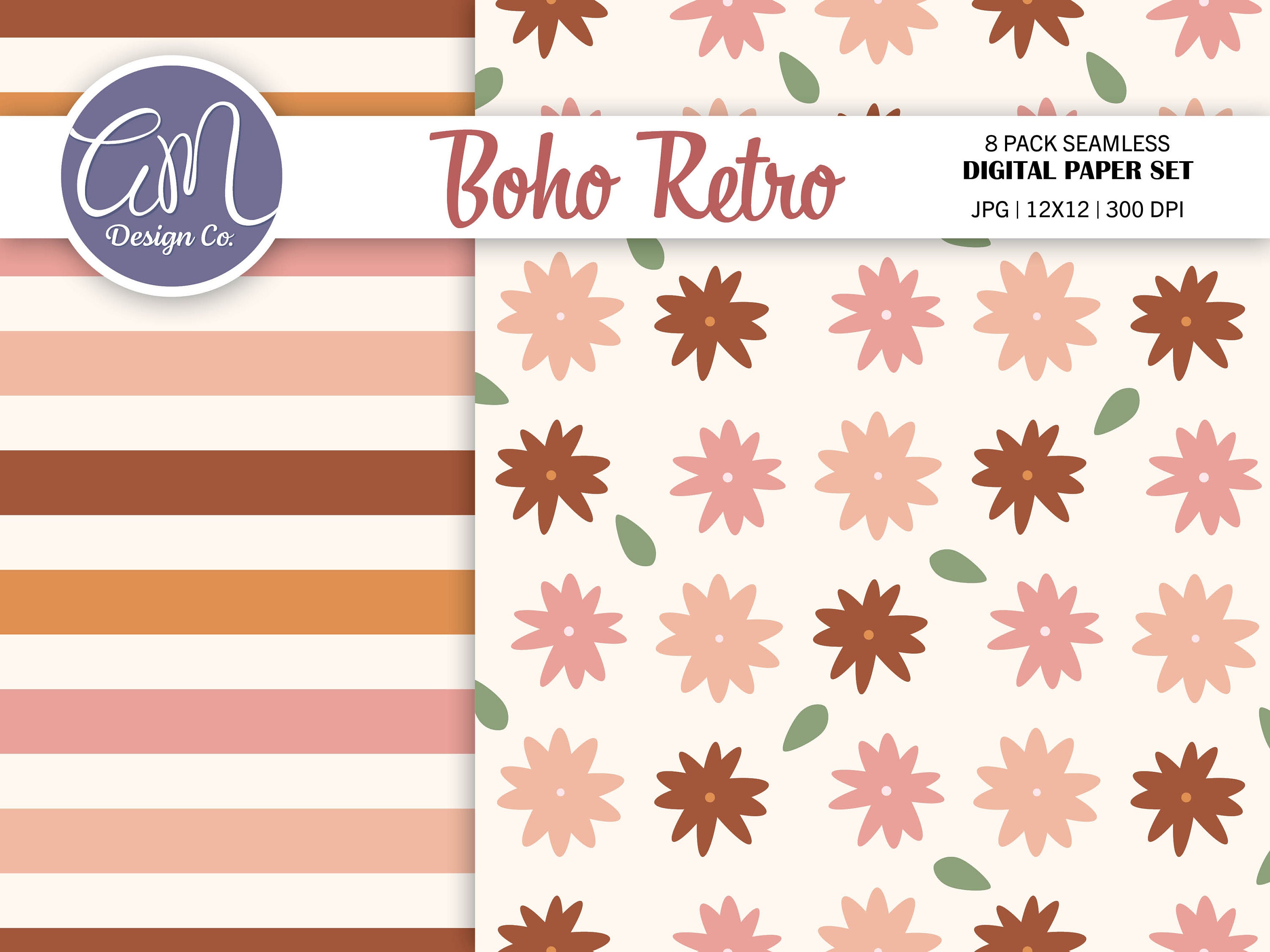 Boho Digital Paper, Groovy Retro Seamless Pattern, Summer Scrapbook ...