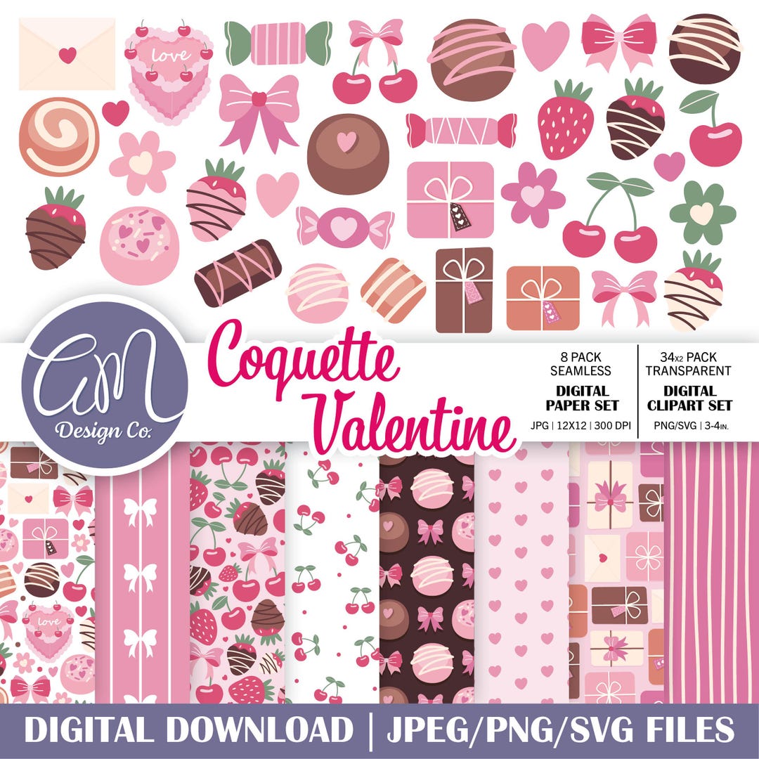 Coquette Valentine Digital Paper and Clipart Set, Strawberry Cherry ...