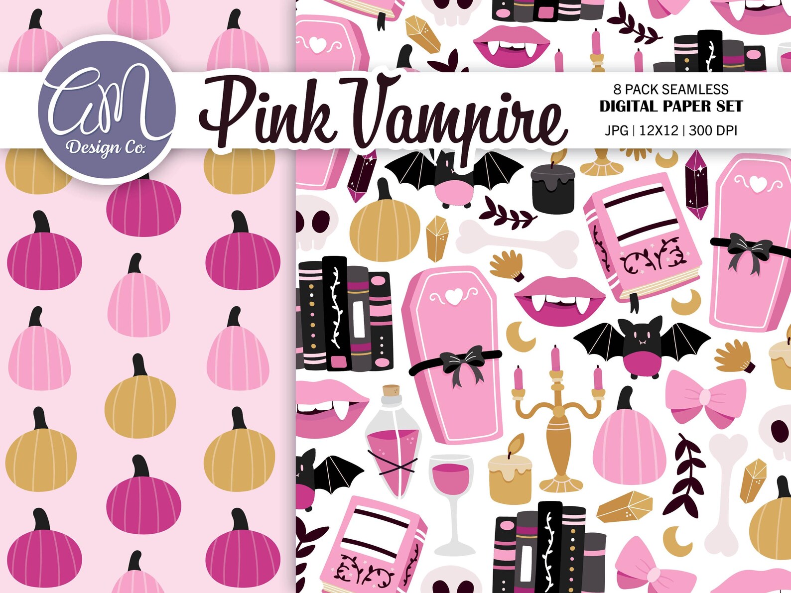 Pink Vampire Digital Paper, Halloween Seamless Pattern, Pastel Goth ...
