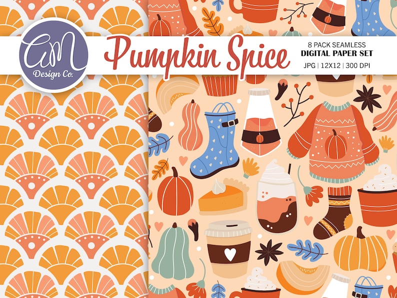 Pumpkin Spice Digital Paper and Clipart Set, Autumn Seamless Pattern ...