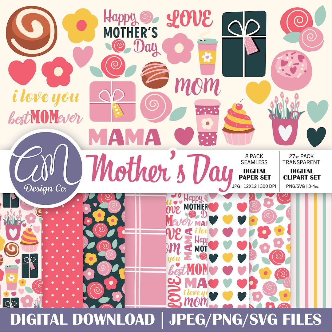 Mother’s Day Digital Paper and Clipart Set, Seamless Pattern for Mom or ...