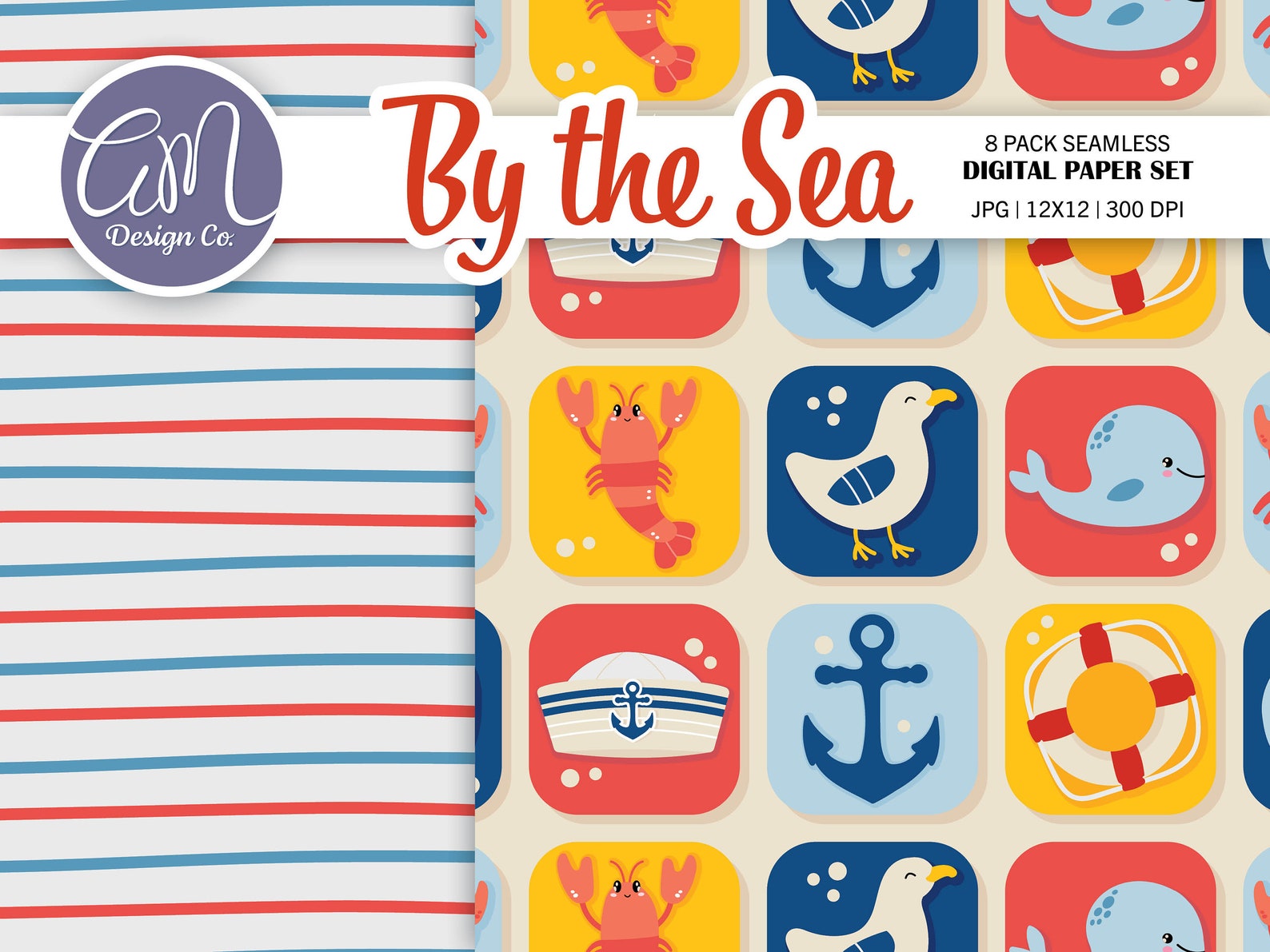 Nautical Summer Digital Paper and Clipart Set, Marine Seamless Pattern ...