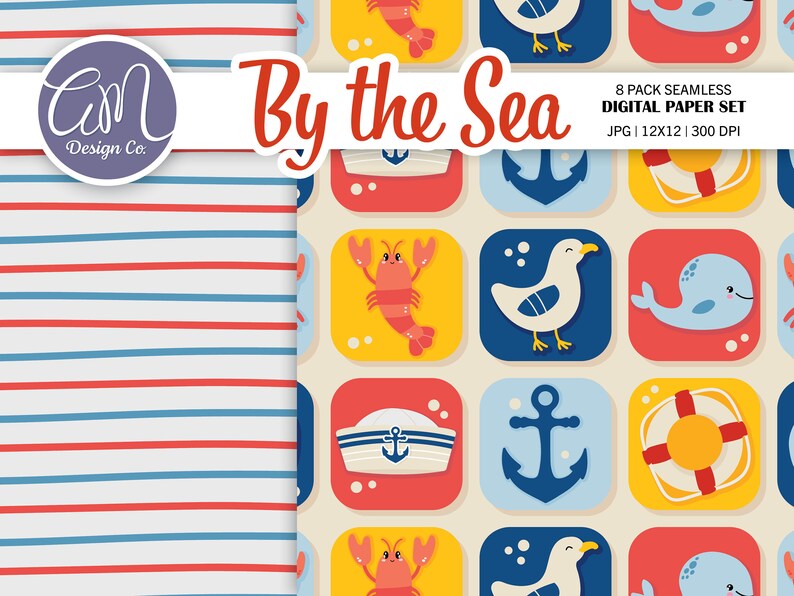 Nautical Summer Digital Paper and Clipart Set, Marine Seamless Pattern ...