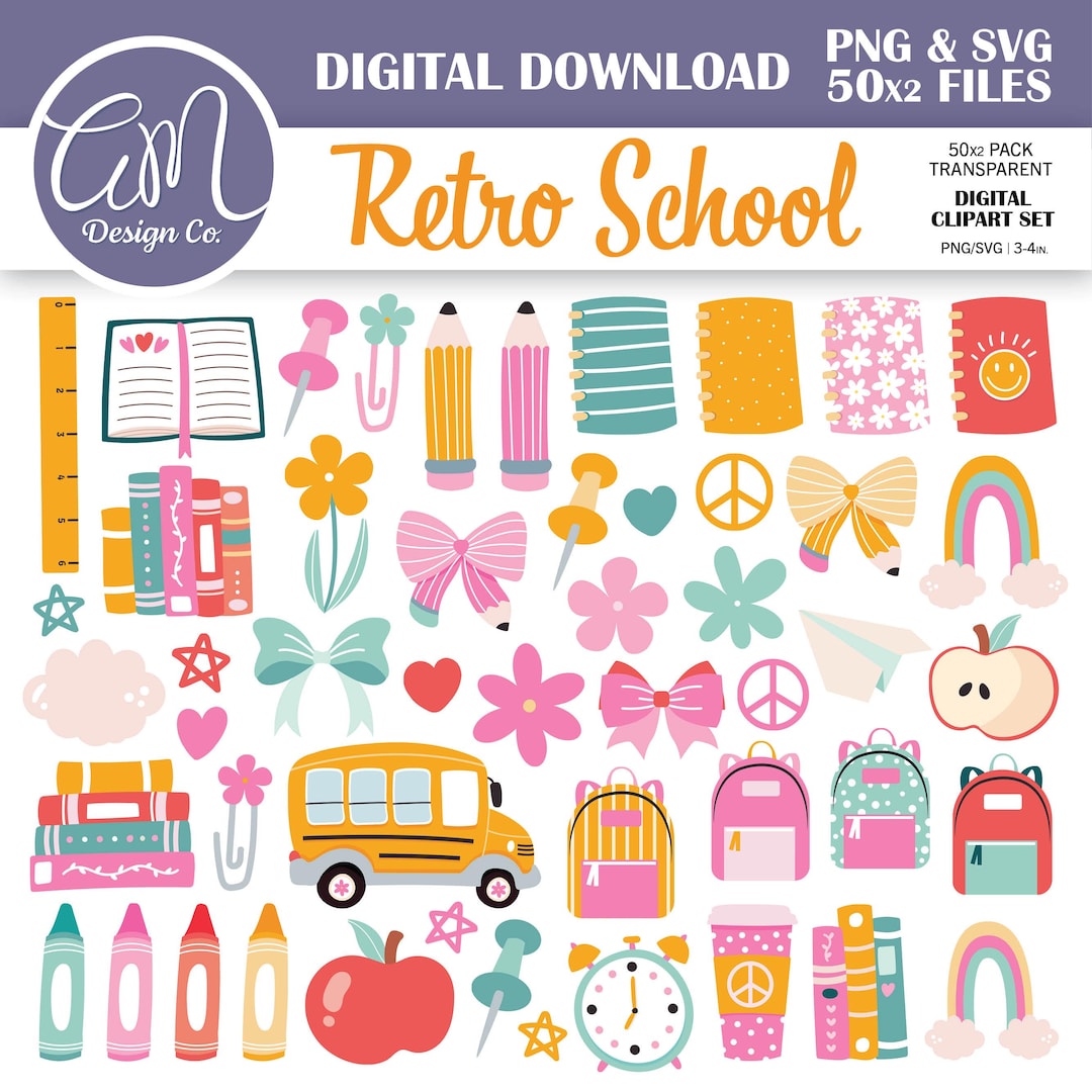 Hand Drawn Retro Back to School Clipart Bundle, Pastel Classroom Theme ...