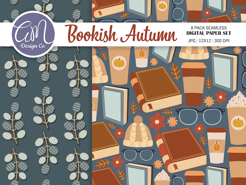 Bookish Light Academia Digital Paper, Fall Seamless Pattern, Book Lover ...