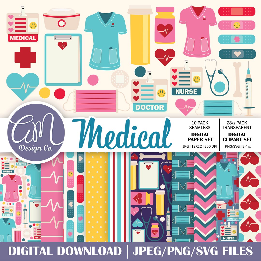 Medical Digital Paper and Clipart Set, Nurse Doctor Seamless Pattern ...