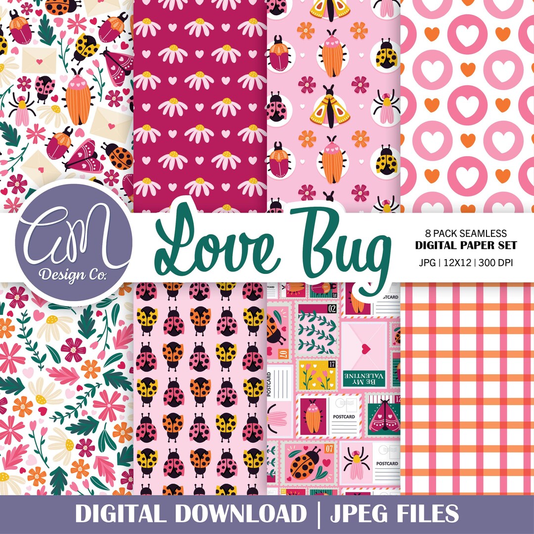 Hand Drawn Love Bug Digital Paper, Valentine's Day Seamless Patterns ...