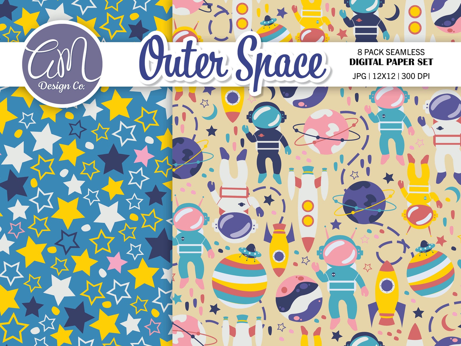 Outer Space Digital Paper and Clipart Set, Celestial Galaxy Seamless ...
