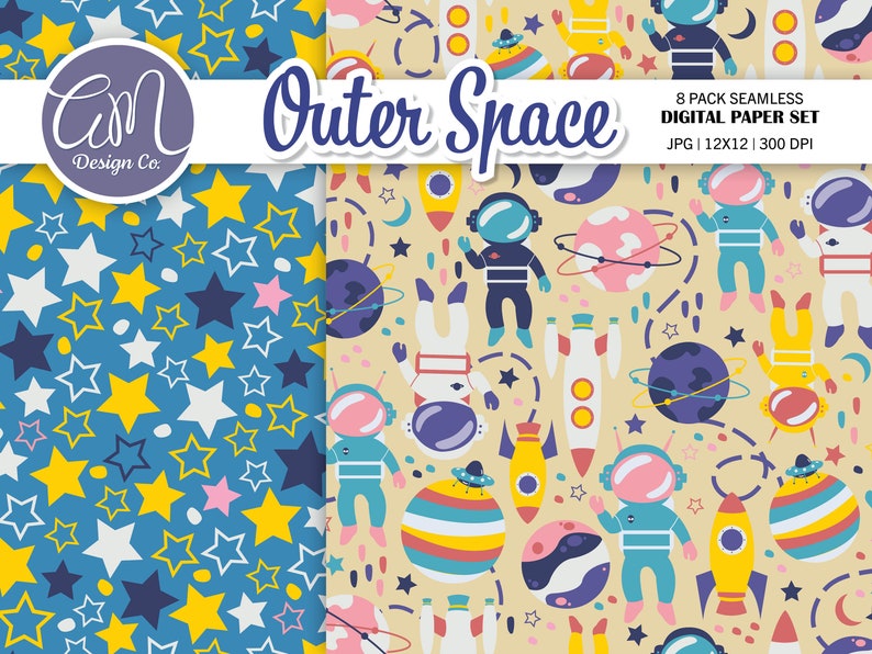 Outer Space Digital Paper and Clipart Set, Celestial Galaxy Seamless ...